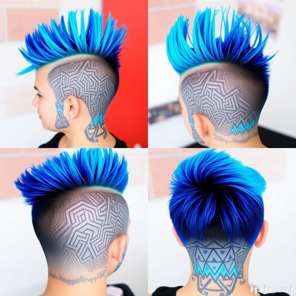 Creative and Bold Hairstyle Featuring Vibrant Blue Mohawk and Intricate ...