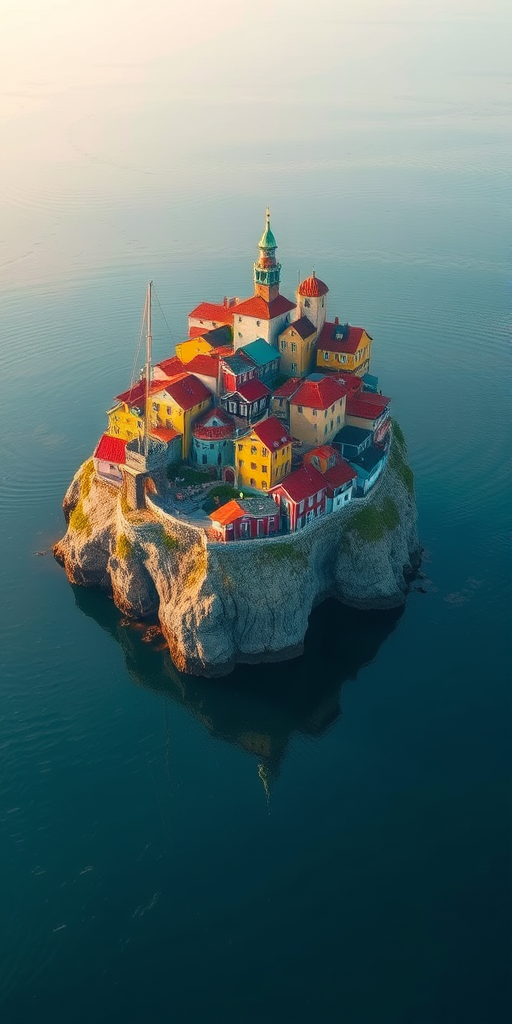 Create a vibrant surreal island city with colorful houses stacked on a ...