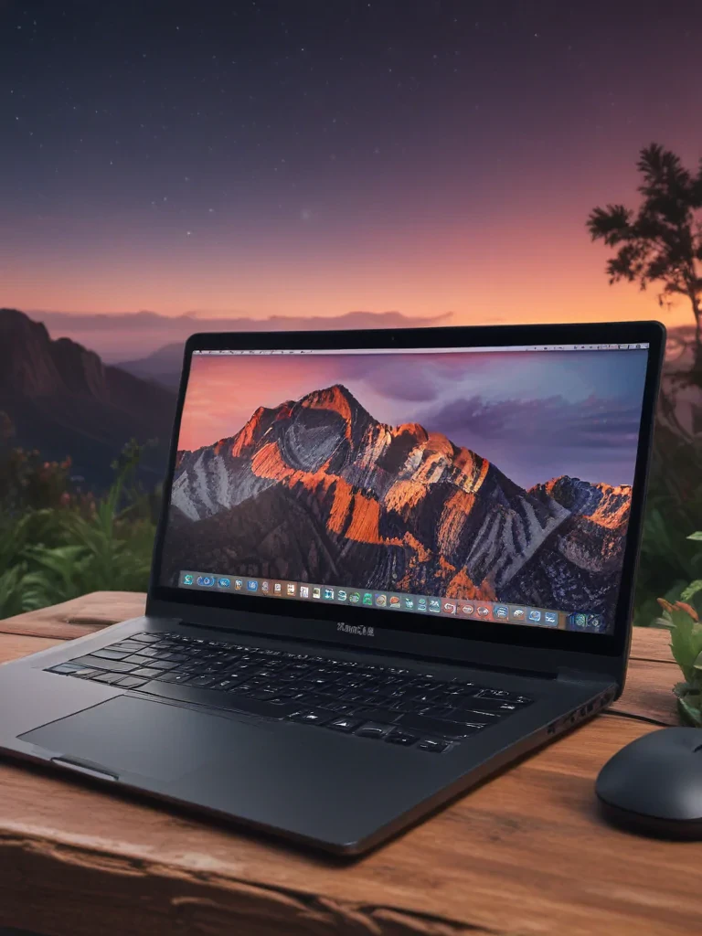 Stunning Mountain Sunset with a Laptop on a Wooden Table Outdoors