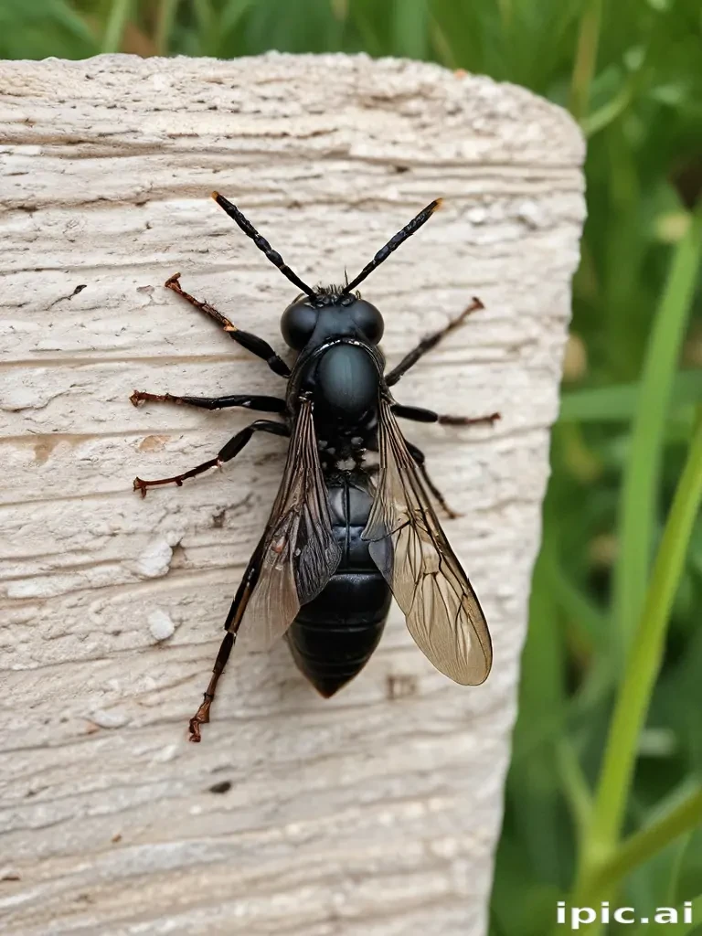 Close-Up View of a Large Black Insect Resting on a Wooden Surface