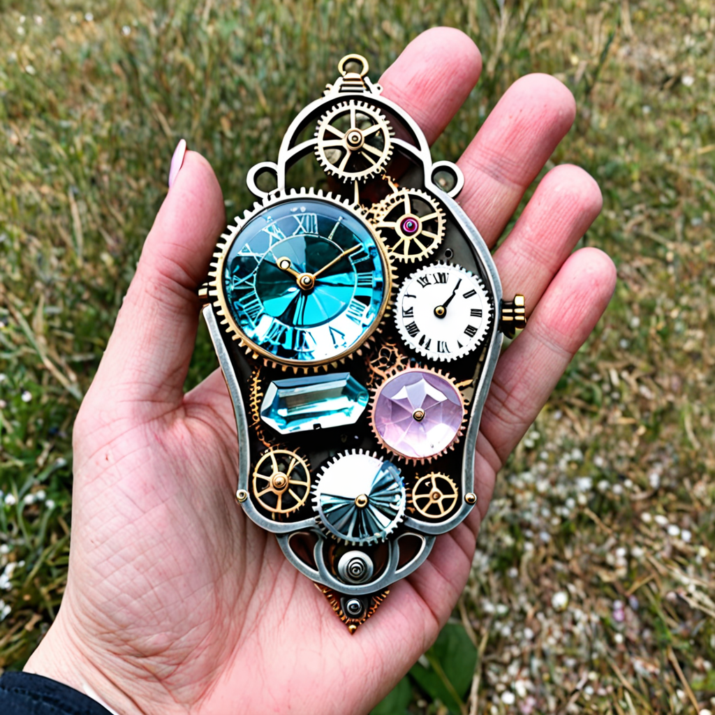 one pentagon of aquamarine and rose quartz each, steampunk clockwork ...