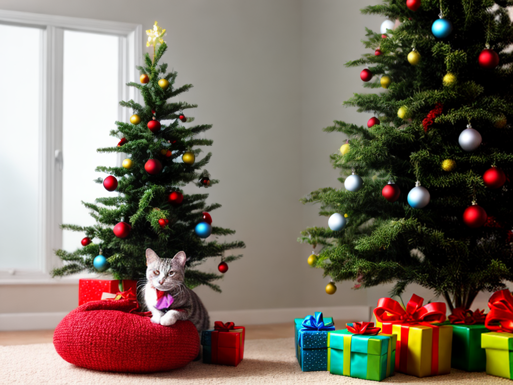 Cat with a toy In front of a Christmas tree