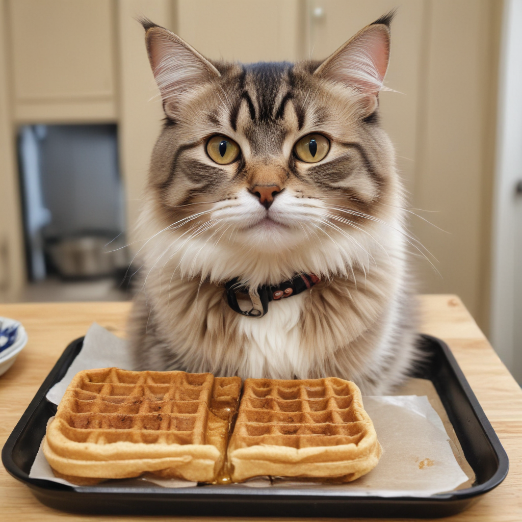 Cat cooked on a tray with a collar that says waffles