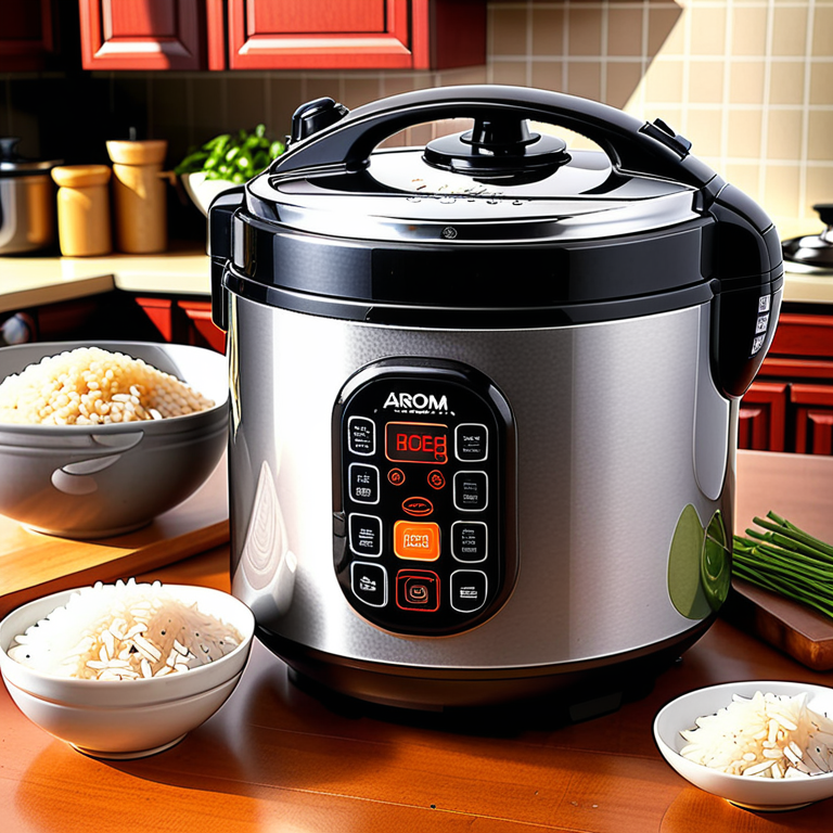 Modern Rice Cooker on Kitchen Counter with Cooked Rice and Ingredients