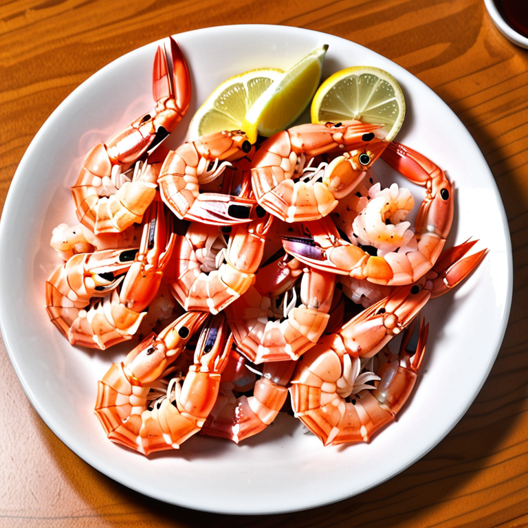 A Delicious Platter of Fresh Shrimp Garnished with Lemon Slices.