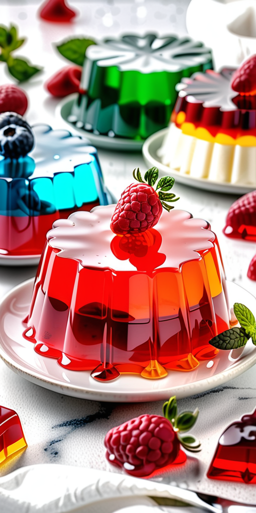 Colorful Jelly Desserts Decorated with Fresh Berries and Mint Leaves