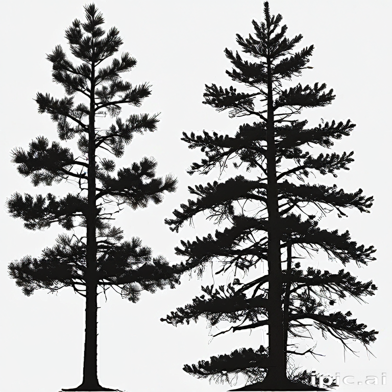 Silhouette of Two Distinct Pine Trees Against a Plain Background
