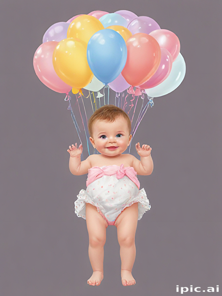 Joyful Baby Floating with Colorful Balloons Against a Soft Gray Background
