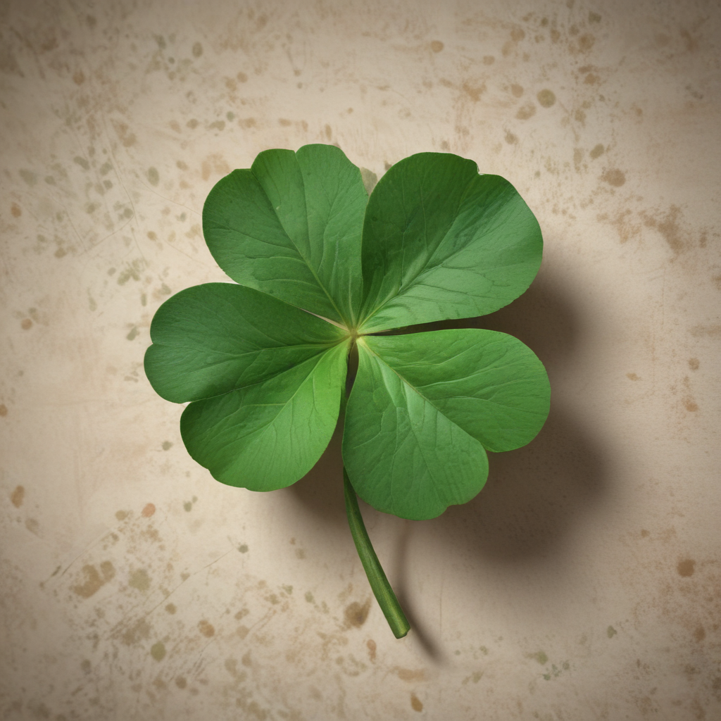 A Single Vibrant Green Four-Leaf Clover on a Textured Background.