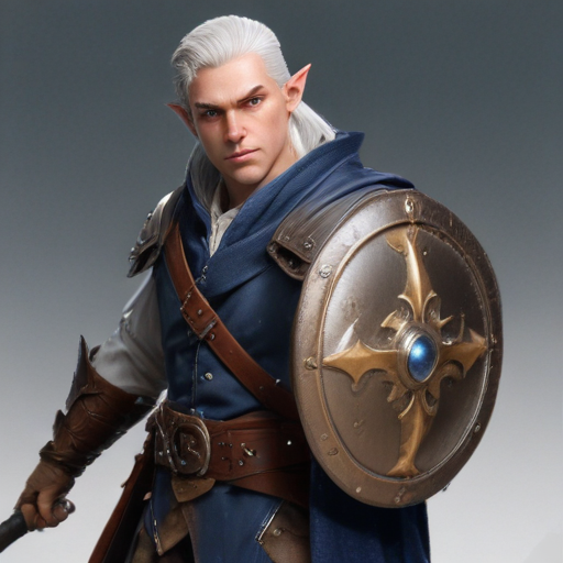A male winter eldrin elf warlock with silver hair and blue eyes holding ...