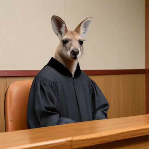 kangaroo sitting in a courtroom as a judge in a black robe