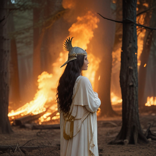 Goddess athena watching forest burning with fire