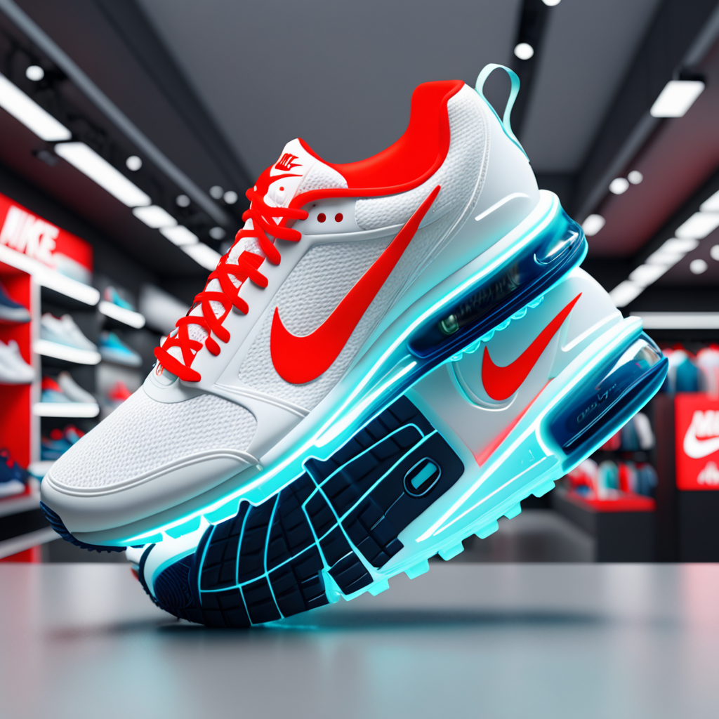 white nike air max sneakers, in a neon nike store, octane render ...