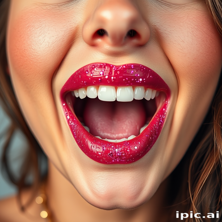 Joyful Expression: A Close-Up of a Woman with Sparkling Red Lips
