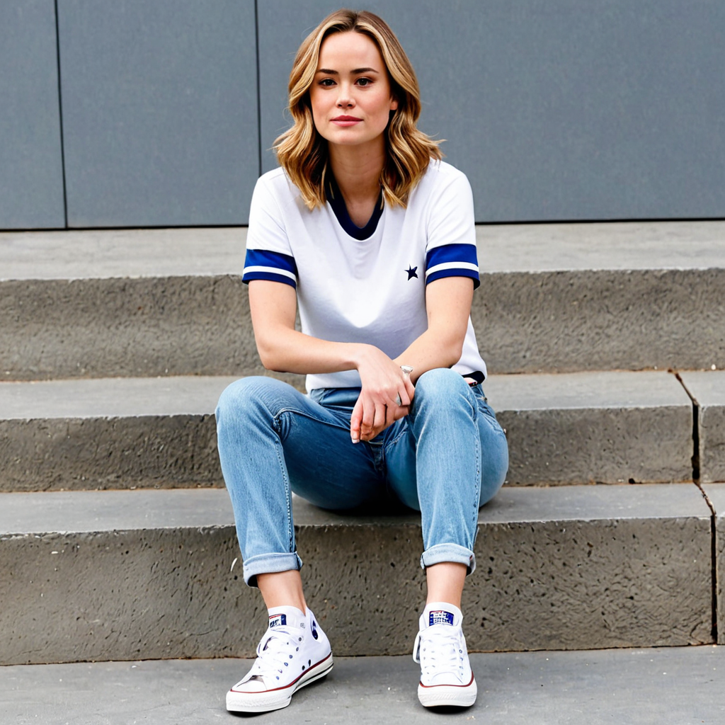 Mcu Brie Larson Carol Danvers Sitting in White Shirt, Blue Jeans, White ...