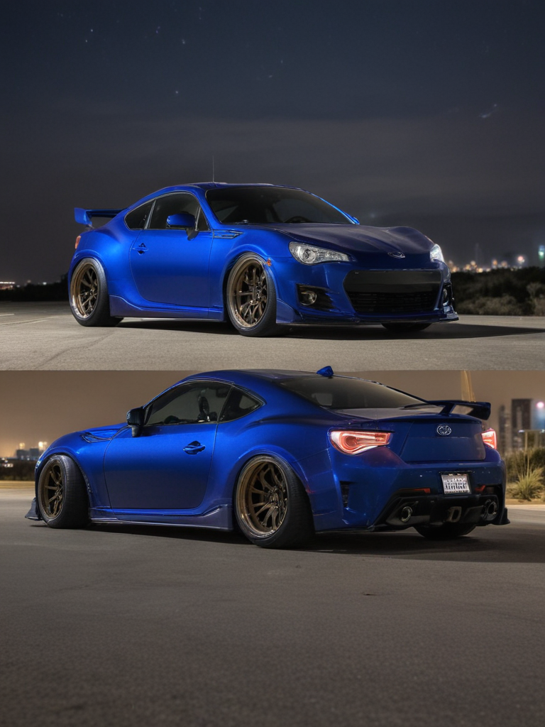 slammed wide body brz in blue at night side shot