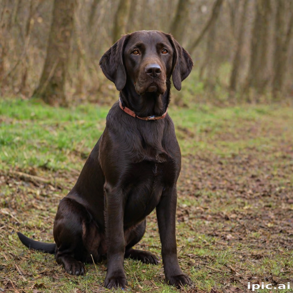 A Majestic Chocolate Lab Sitting Proudly in a Tranquil Forest Setting