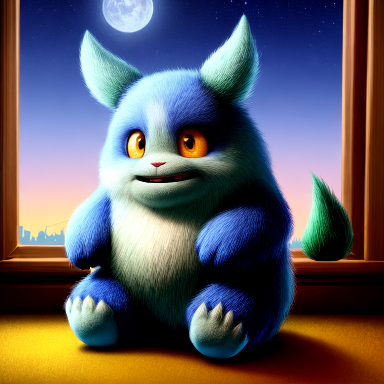 cute fluffy fat monster with horns in a room at night