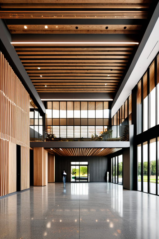 Interior renders of a lobby of a performance center with concrete walls ...