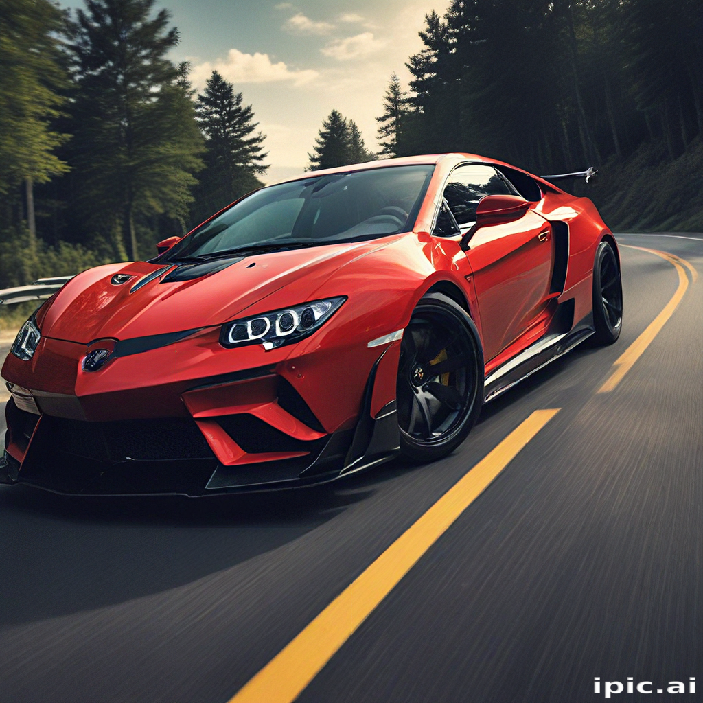 Dynamic Shot of a Sleek Red Sports Car Racing on Open Road