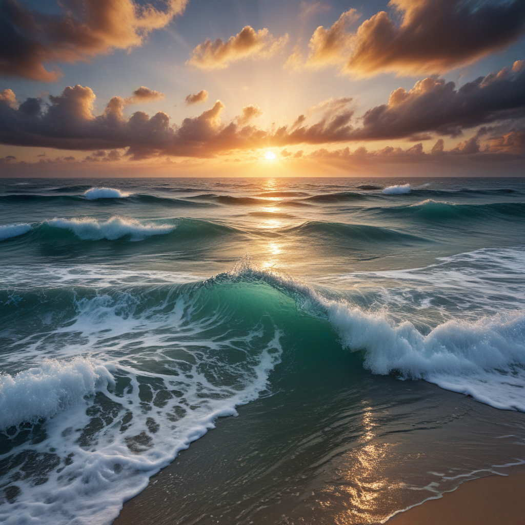 Golden Sunset Over Tranquil Waves with Soft Clouds in the Sky