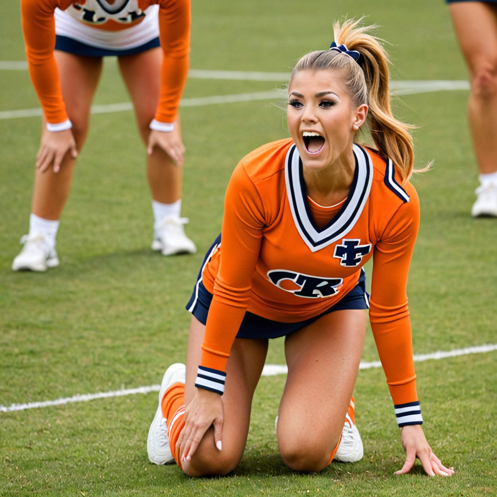 cheerleader, orange uniform, knee socks, tennis shoes, pony tails, butt ...