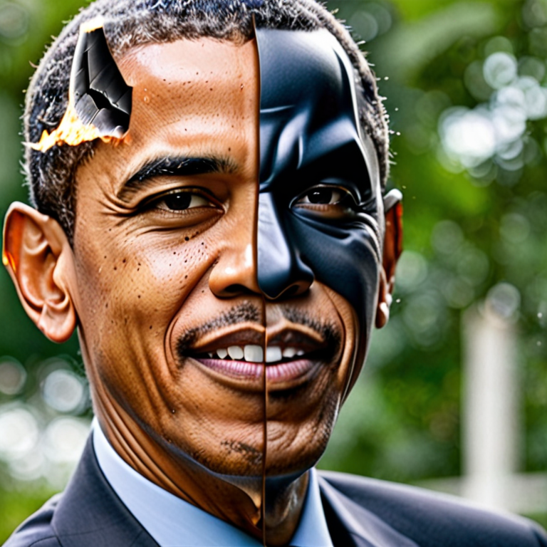Barack Obama with half of his face burned as Two Face on Batman
