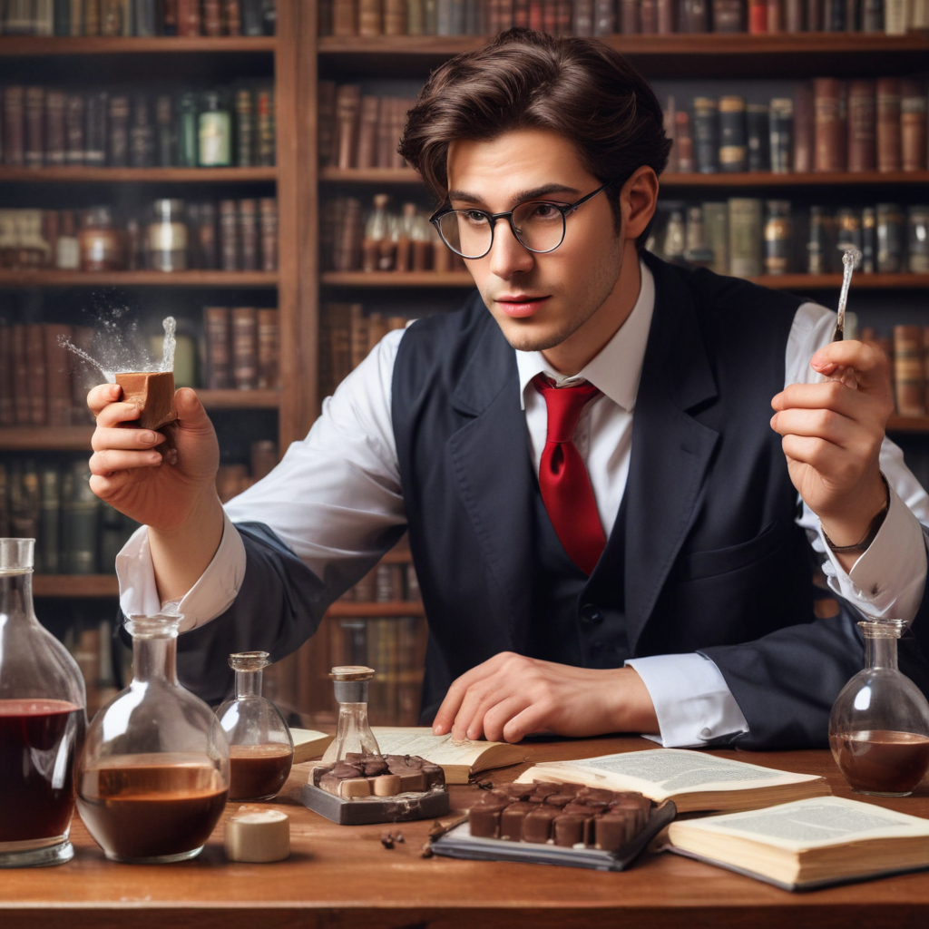 illustration male scientists pointing at the screen. Various potions, a ...