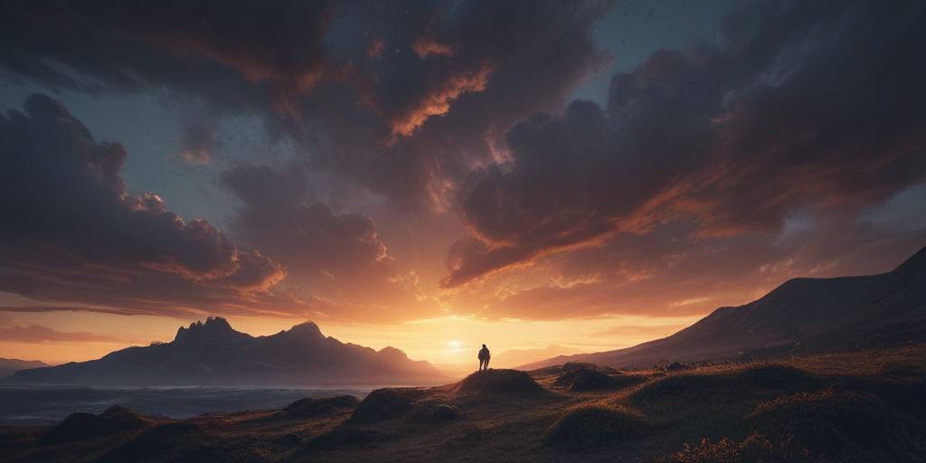 Solitary Figure Standing Beneath Dramatic Sunset Over Majestic Mountain ...