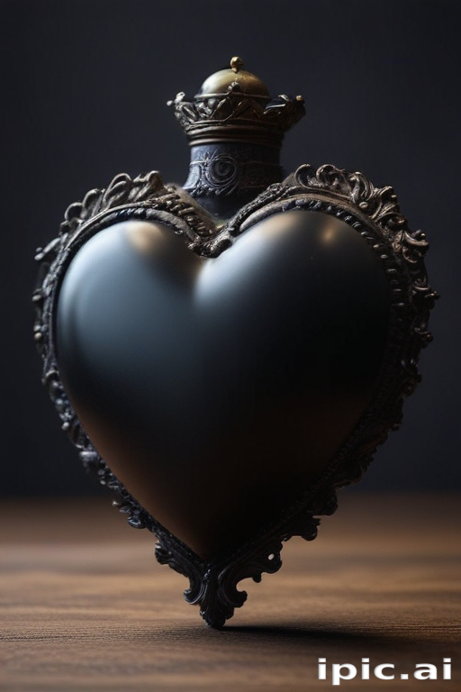 Elegant Black Heart-Shaped Flask with Intricate Decorative Crown Design.