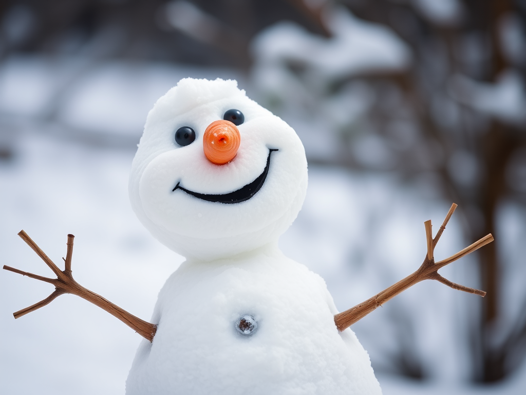 Create an image of a cheerful snowman with a carrot nose and stick arms ...