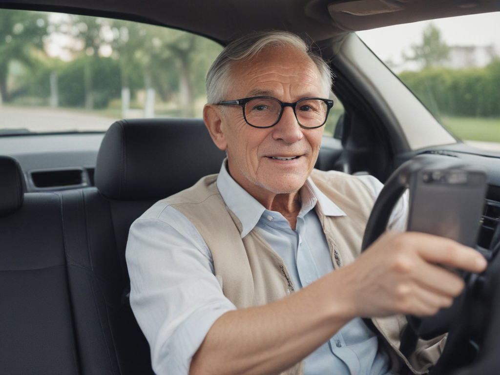 old man driving car with screen