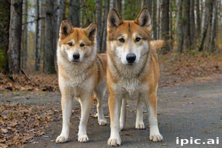 Two Playful Dogs Standing Together in a Beautiful Forest Setting