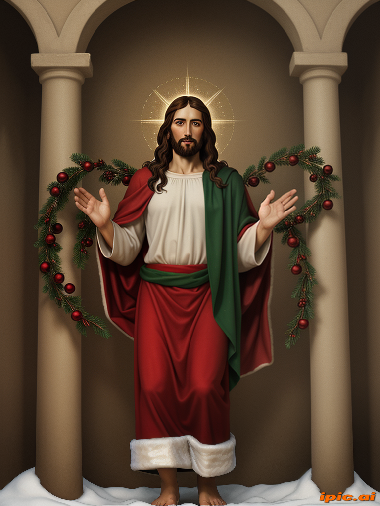 Jesus Standing Gracefully Amidst Festive Decorations in a Serene Setting