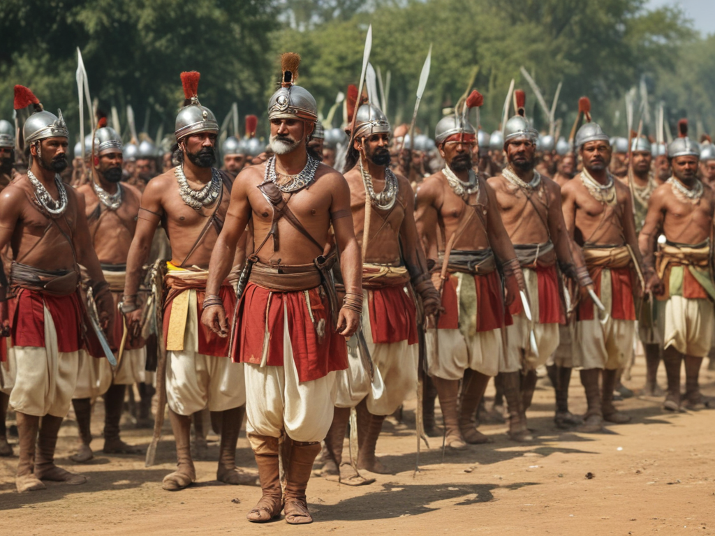Ancient indian army with sticks and swords
