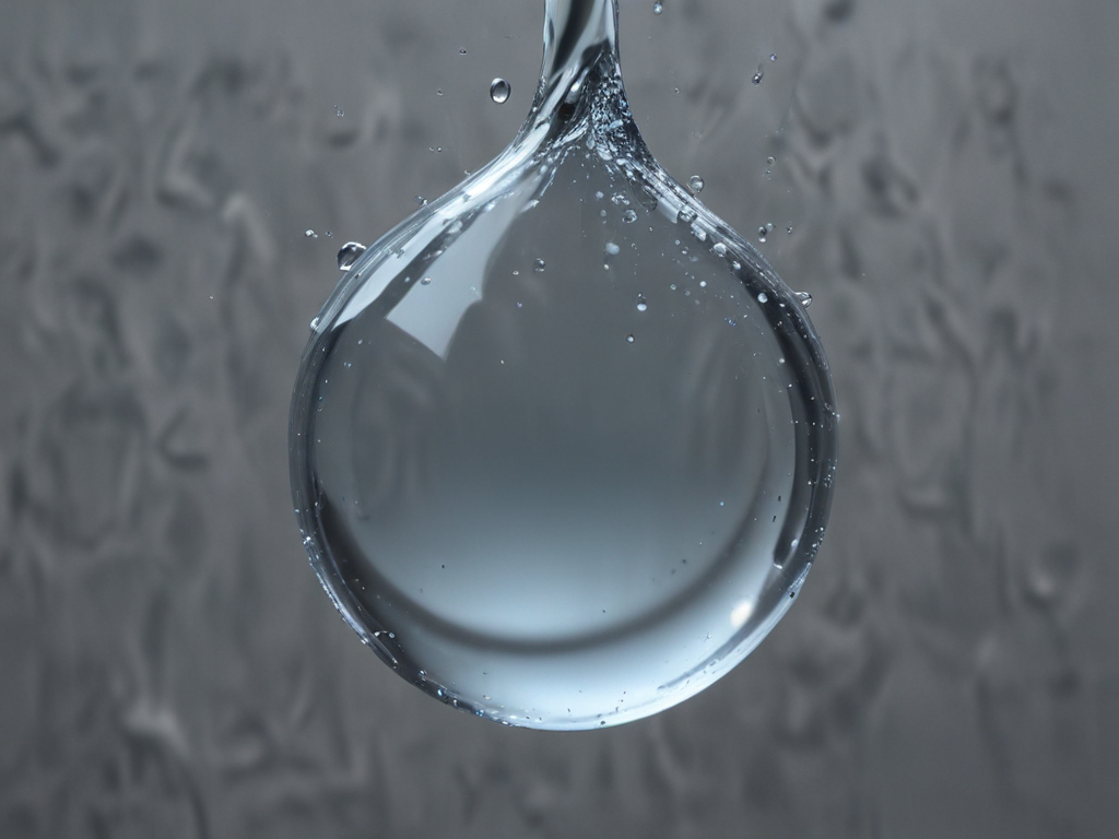 Close-Up of a Single Water Drop with Bubbles Against a Gray Background