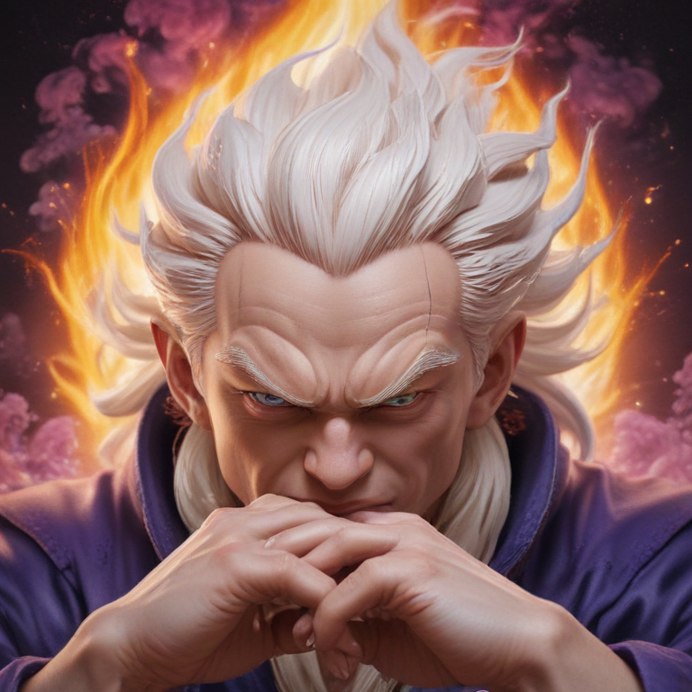 Intense Character Portrait with Fiery Background and Striking White Hair