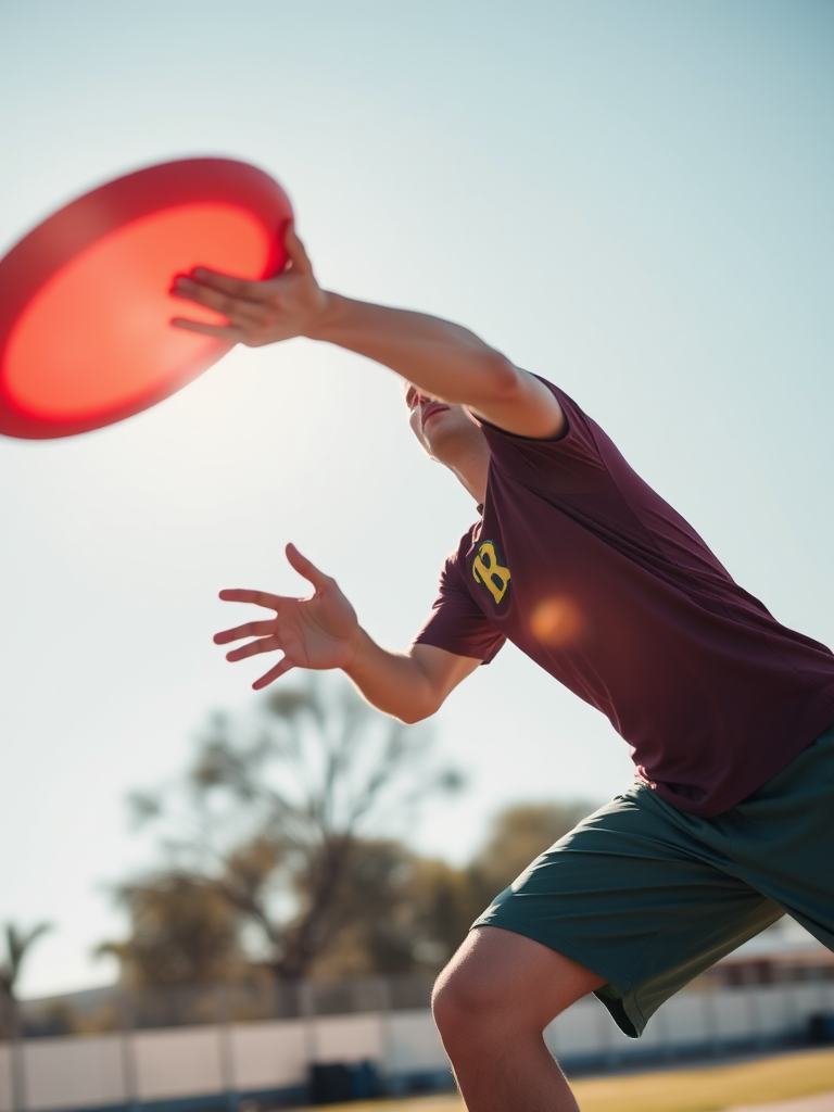 Young Boy Joyfully Playing Frisbee Under Bright Sunlit Sky Outdoors