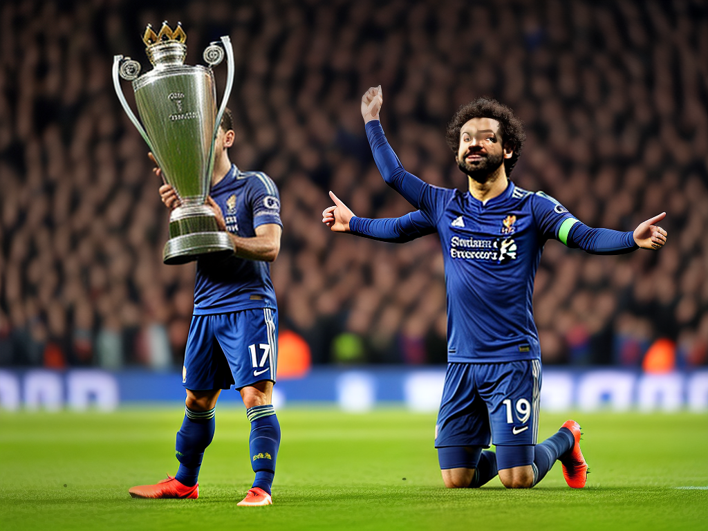 Mohamed Salah poses with the Premier League Cup on the field