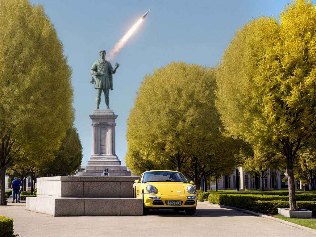 statue of david, yellow pig, aliens are flying around, rockets in the ...