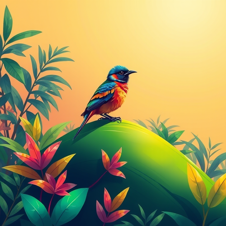 A Colorful Bird Perched on a Lush Green Hill at Sunrise.