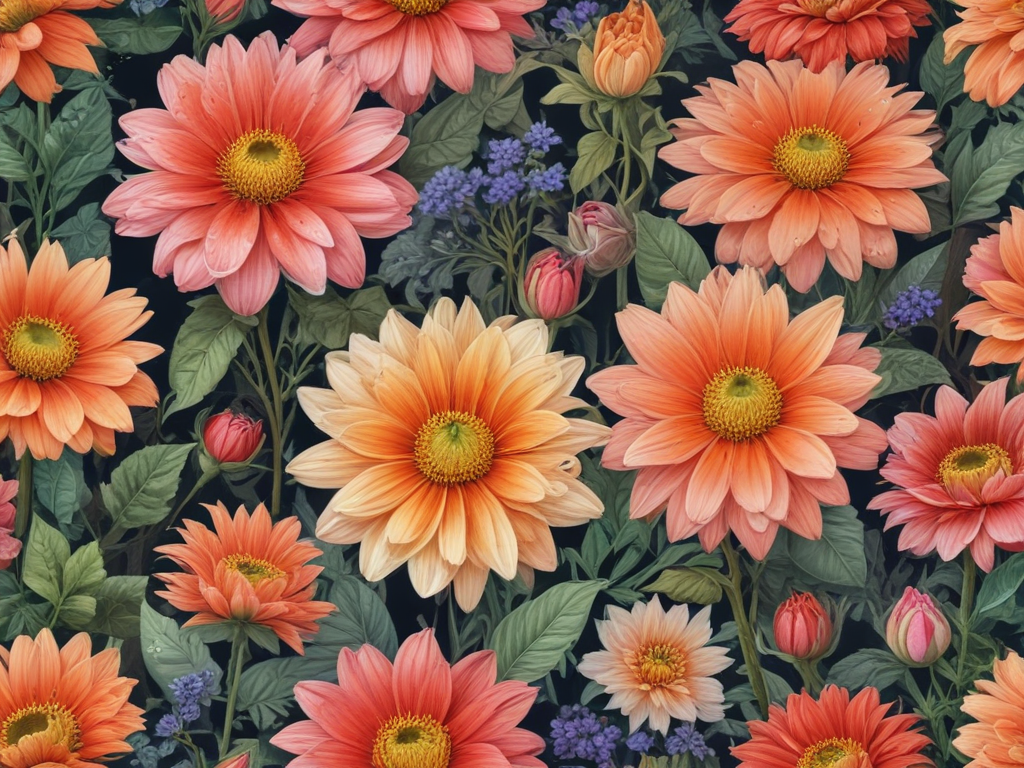 Vibrant Floral Pattern Featuring Diverse Blooms and Lush Green Foliage