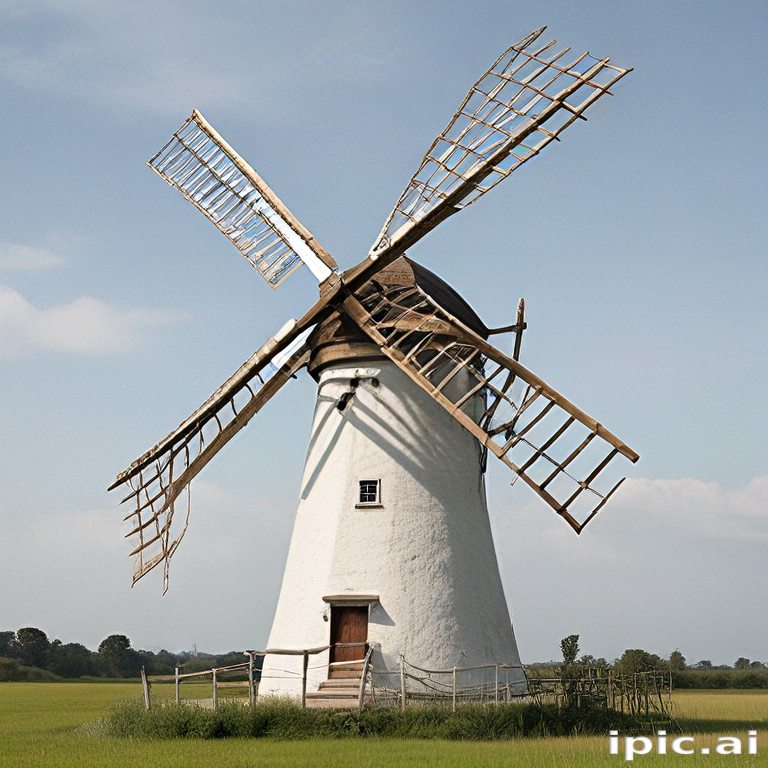 A Picturesque Windmill Surrounded by Lush Green Fields Under a Clear Sky.