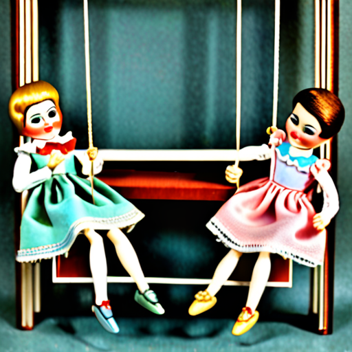 Photo realistic mid century pastel marionettes aplaying with dolls