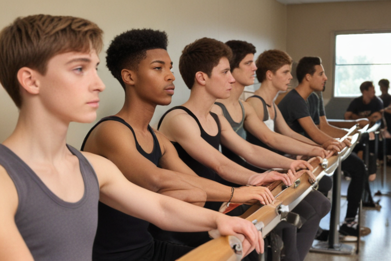 high school male ballet dancers at the barre