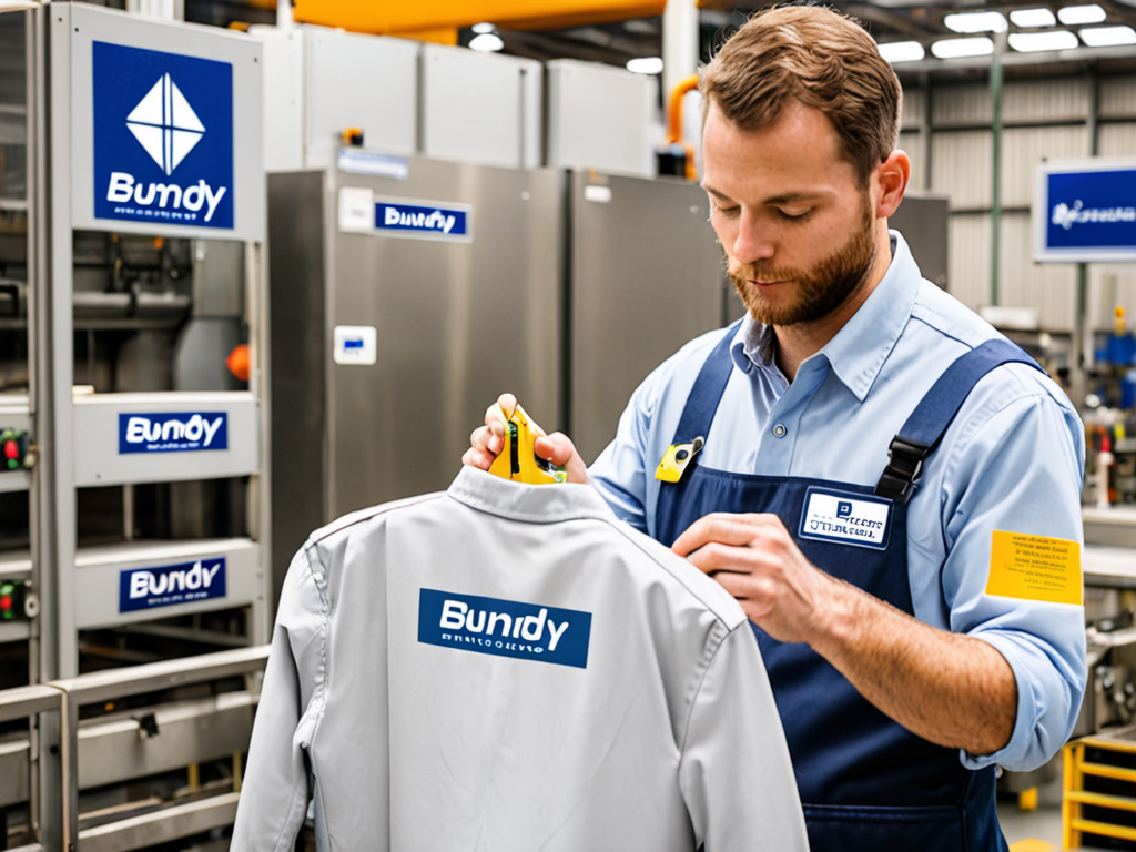 person checking label on factory floor uniform with bundy refrigeration ...