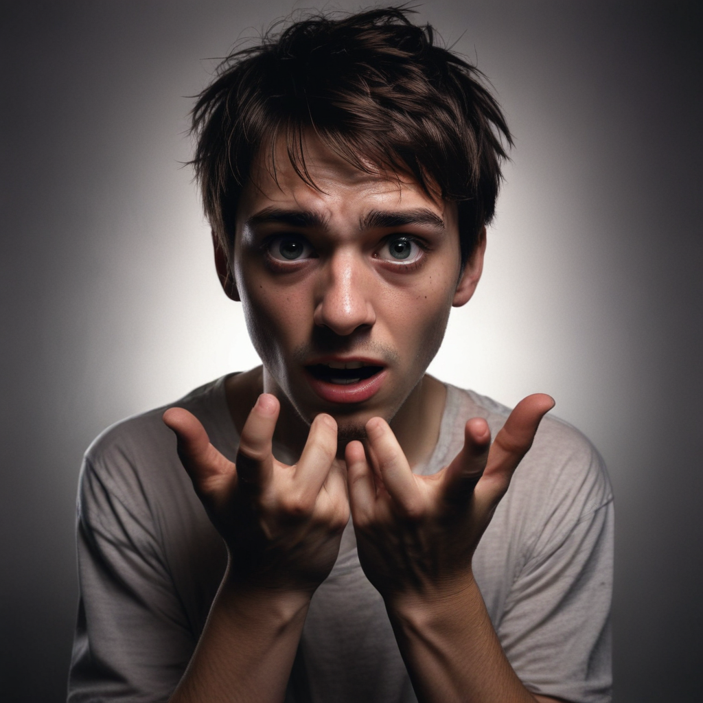 A scrawny male, looking down at himself in shock, his hands shaking ...