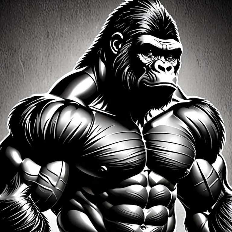 Ape black white cartoon gym muscles strong gorilla