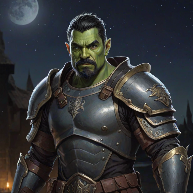 Fierce Warrior Orc in Mighty Armor Stands Under a Moonlit Sky
