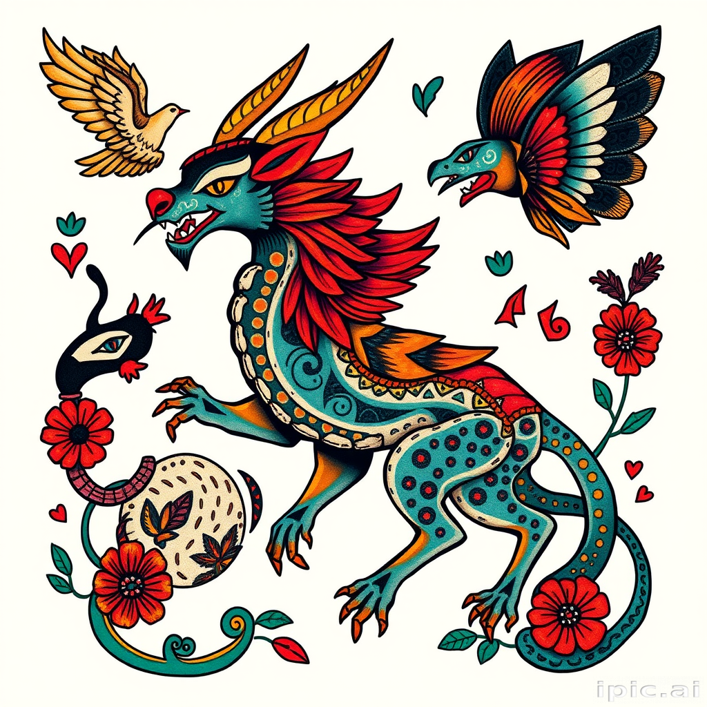 Colorful Mythical Creatures in a Whimsical Floral Fantasy Landscape Design